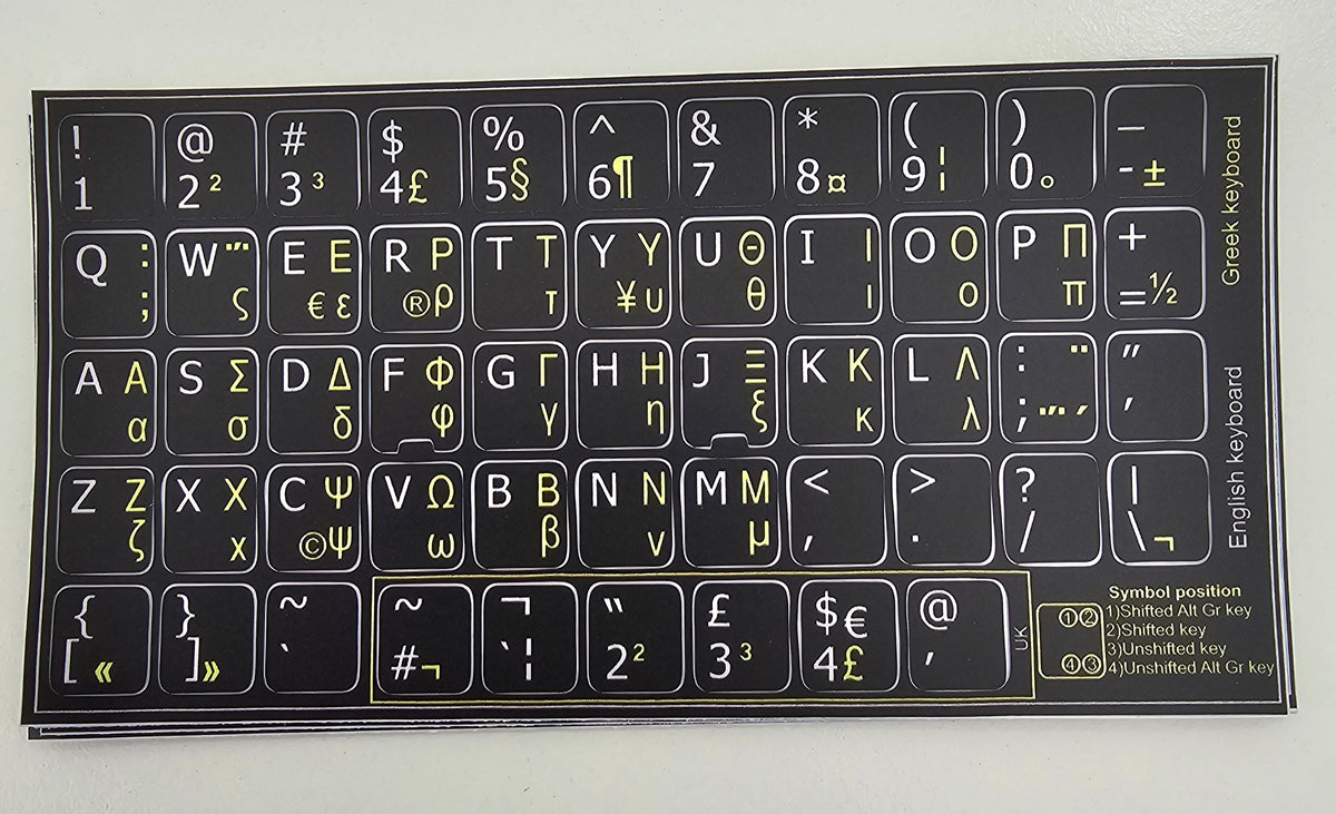 Greek and English computer keyboard stickers Black background white ...